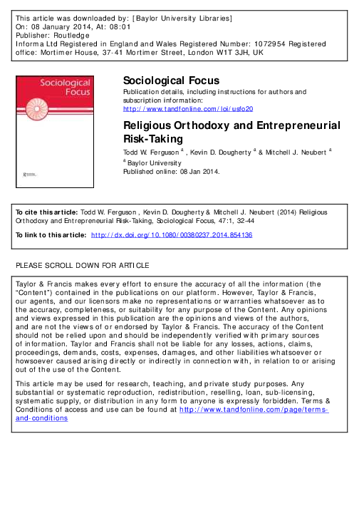 (PDF) Religious Orthodoxy and Entrepreneurial Risk-Taking
