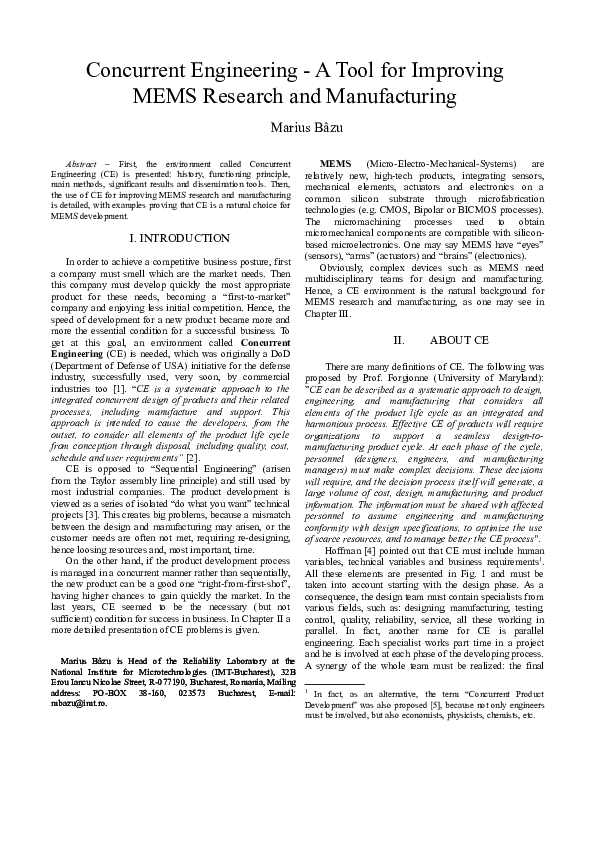(DOC) Concurrent Engineering - A Tool for Improving MEMS research and ...