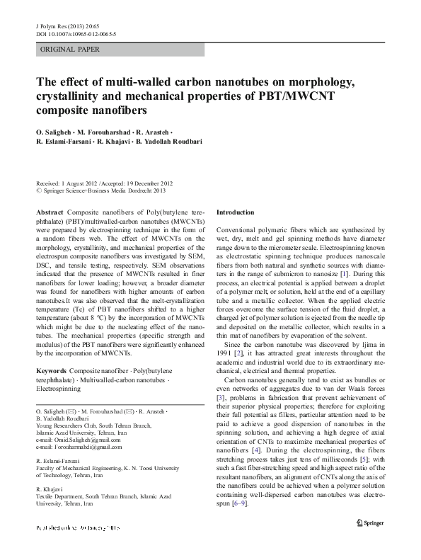 (PDF) The effect of multi-walled carbon nanotubes on morphology, crystallinity and mechanical ...