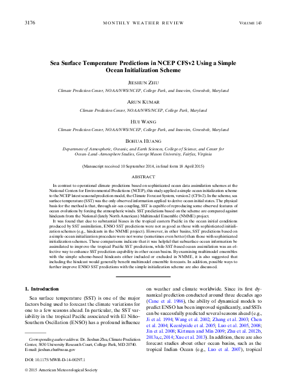 Pdf Sea Surface Temperature Predictions In Ncep Cfsv2 Using A Simple Ocean Initialization Scheme