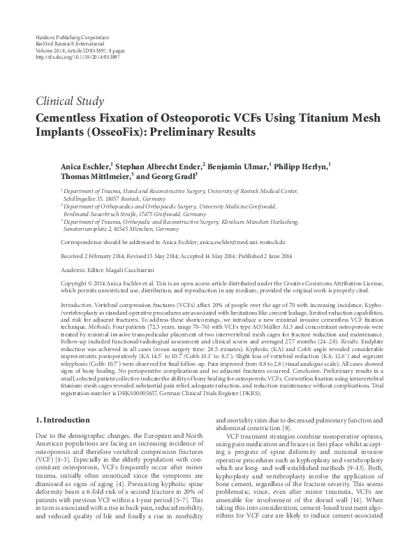 (PDF) Cementless Fixation of Osteoporotic VCFs Using Titanium Mesh ...