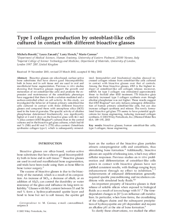 (PDF) Type I collagen production by osteoblast-like cells cultured in contact with different ...