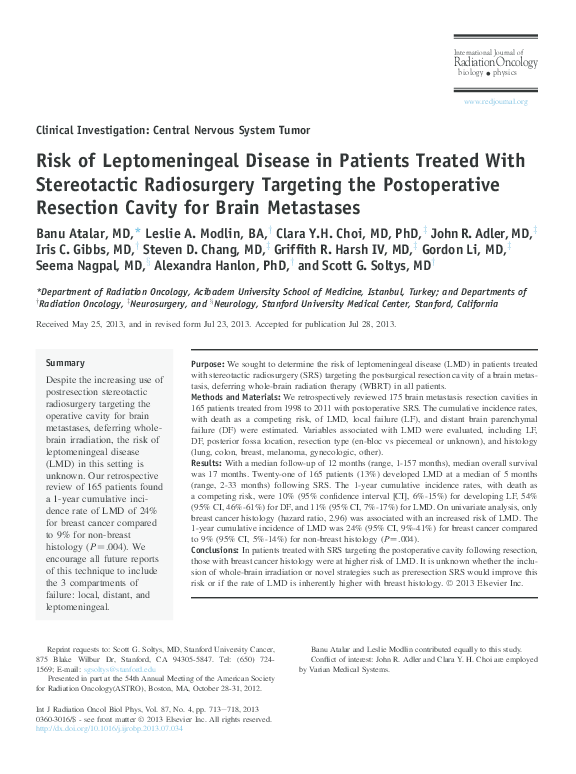 (PDF) Risk of Leptomeningeal Disease in Patients Treated With Stereotactic Radiosurgery ...