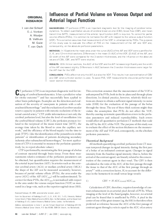 Pdf Influence Of Partial Volume On Venous Output And Arterial Input Function