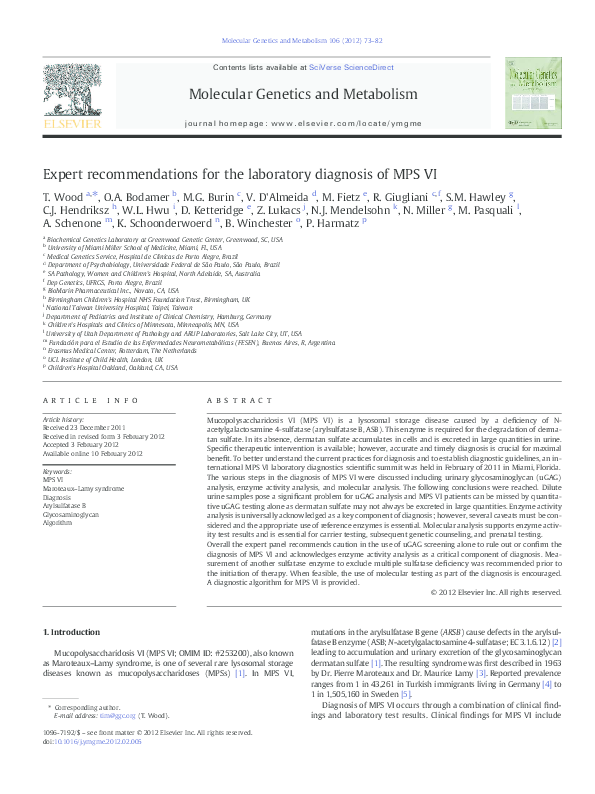 (PDF) Expert recommendations for the laboratory diagnosis of MPS VI