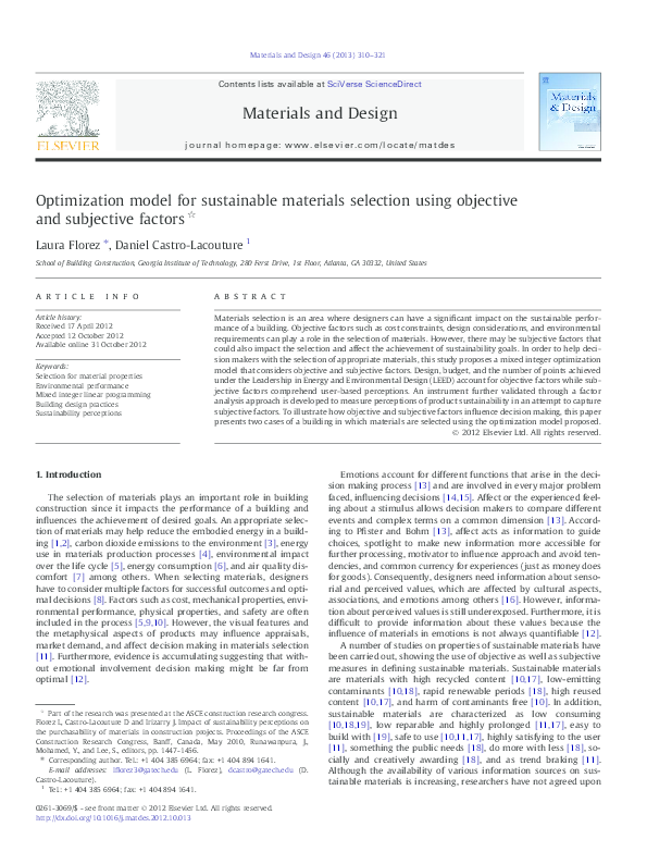 (PDF) Sustainable Materials Selection via Optimization