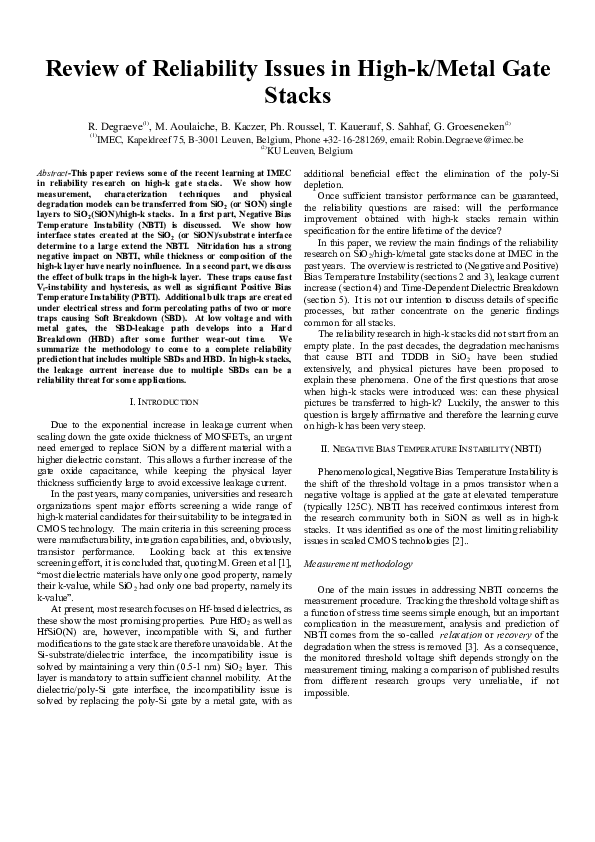 (PDF) Review of reliability issues in high-k/metal gate stacks