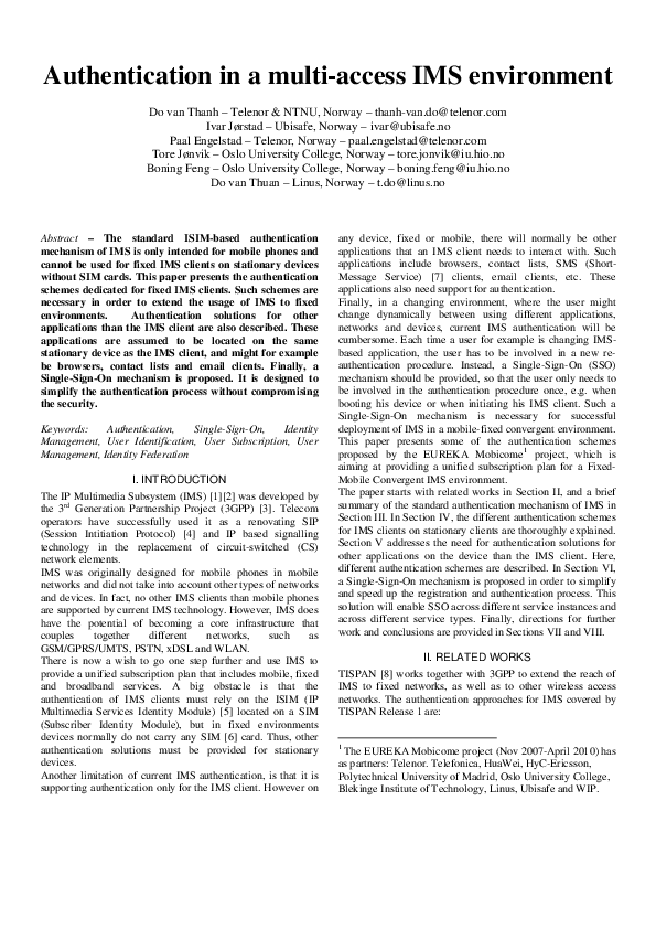 (PDF) Authentication in a Multi-access IMS Environment