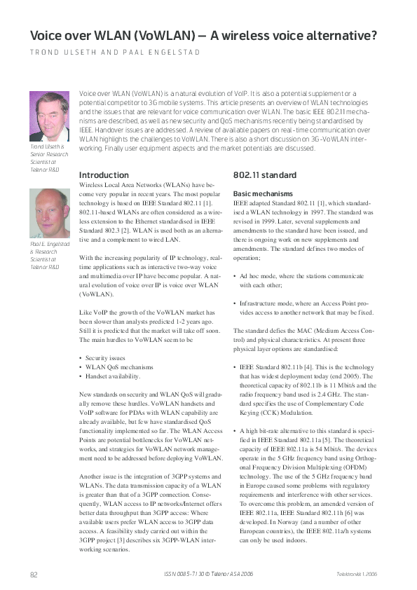 (PDF) Voice over WLAN (VoWLAN) - A wireless voice alternative?