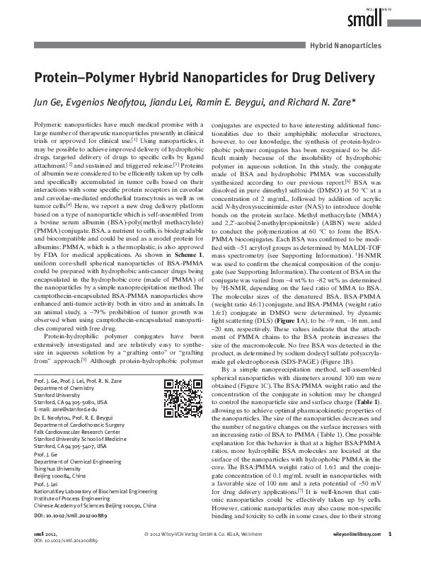 (PDF) Protein-Polymer Hybrid Nanoparticles for Drug Delivery