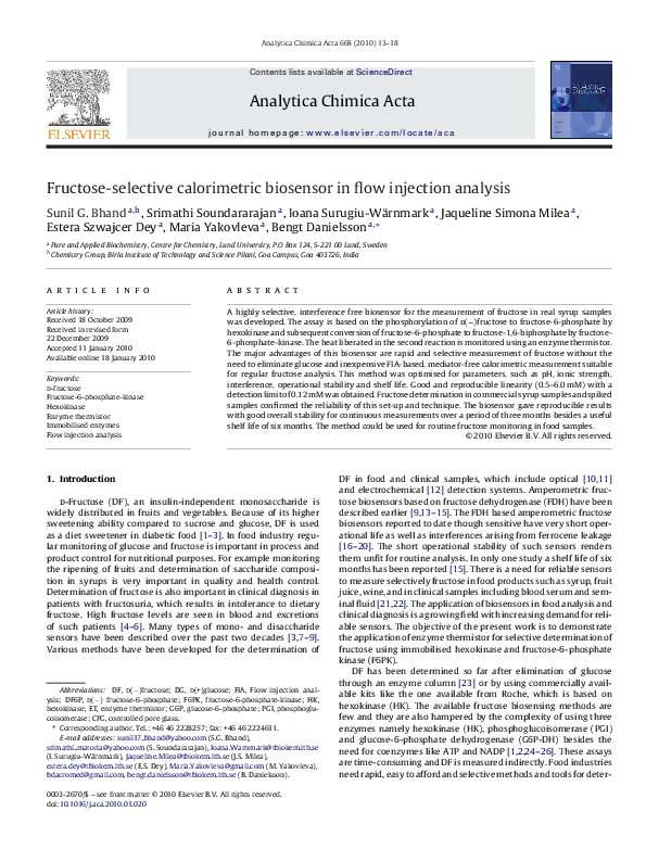 (PDF) Fructose-selective calorimetric biosensor in flow injection analysis