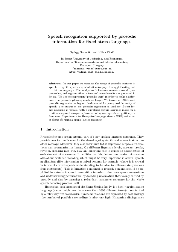 Pdf Speech Recognition Supported By Prosodic Information For Fixed Stress Languages Gyorgy