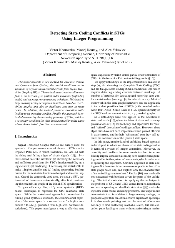 Pdf Detecting State Coding Conflicts In Stgs Using Integer Programming