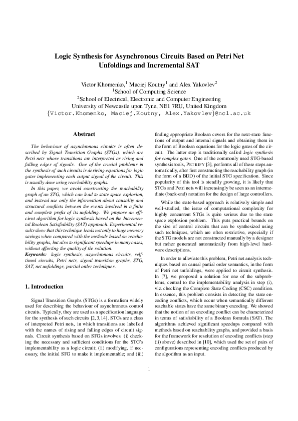 (PDF) Logic synthesis for asynchronous circuits based on petri net unfoldings and incremental sat