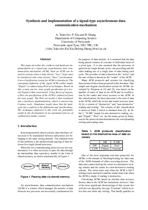 (PDF) Synthesis and Implementation of a Signal-Type Asynchronous Data Communication Mechanism