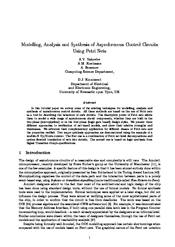 (PDF) Modelling, analysis and synthesis of asynchronous control circuits using Petri nets