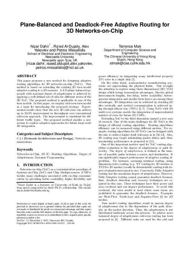 (PDF) Deadlock-free and plane-balanced adaptive routing for 3D networks-on-chip