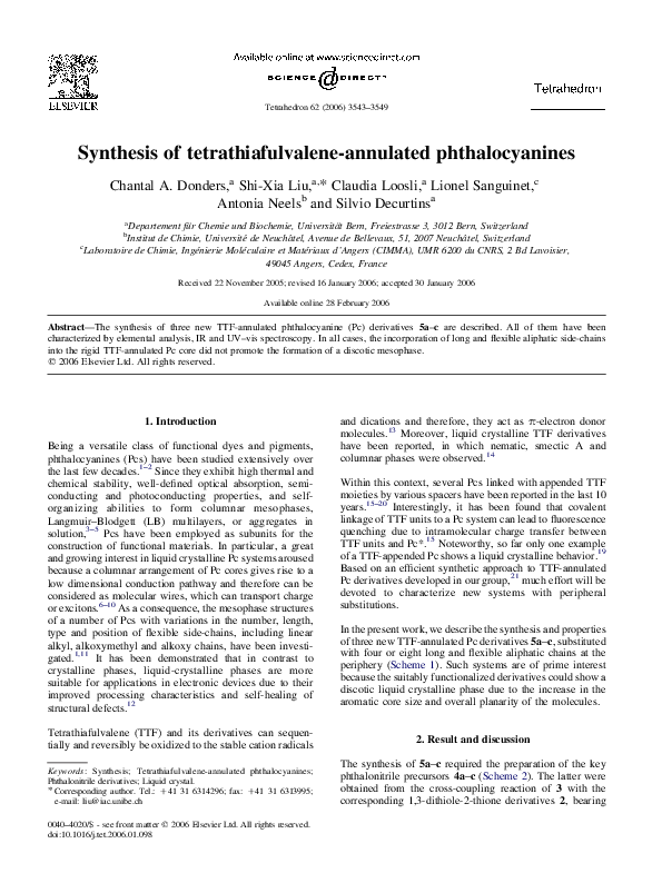 (PDF) Synthesis of tetrathiafulvalene-annulated phthalocyanines ...