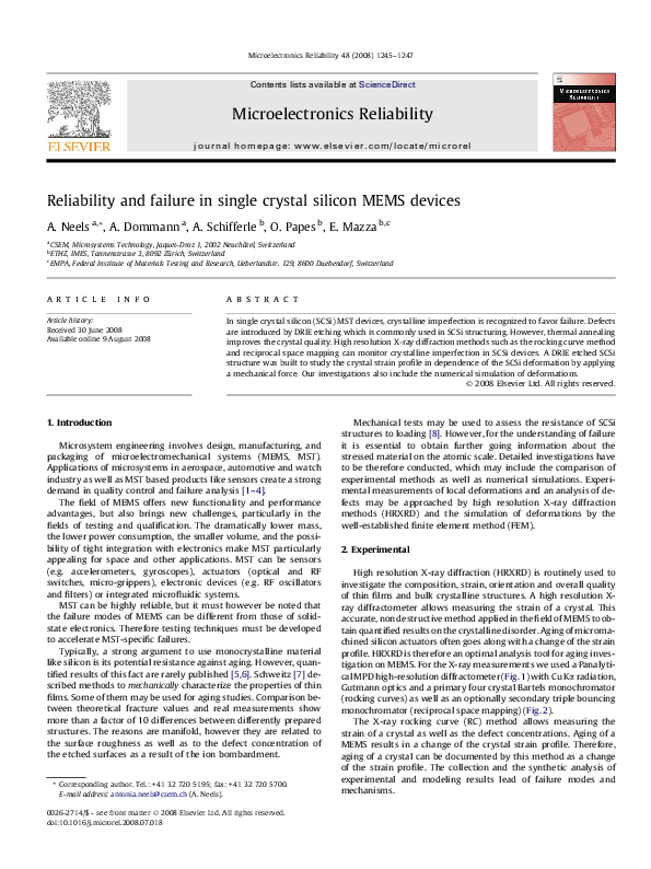 (PDF) Reliability and failure in single crystal silicon MEMS devices