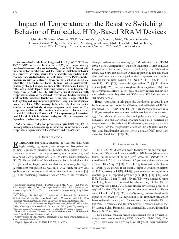 (PDF) Impact of Temperature on the Resistive Switching Behavior of Embedded $\hbox{HfO}_{2 ...