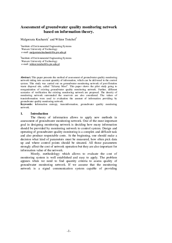 (PDF) Assessment of groundwater quality monitoring network based on information theory