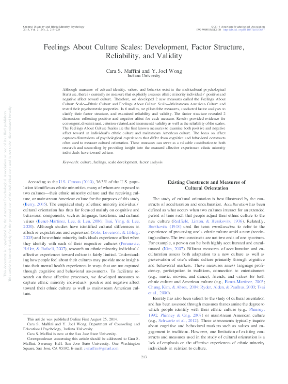 Pdf Feelings About Culture Scales Development Factor Structure