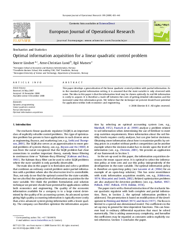 (PDF) Optimal information acquisition for a linear quadratic control problem