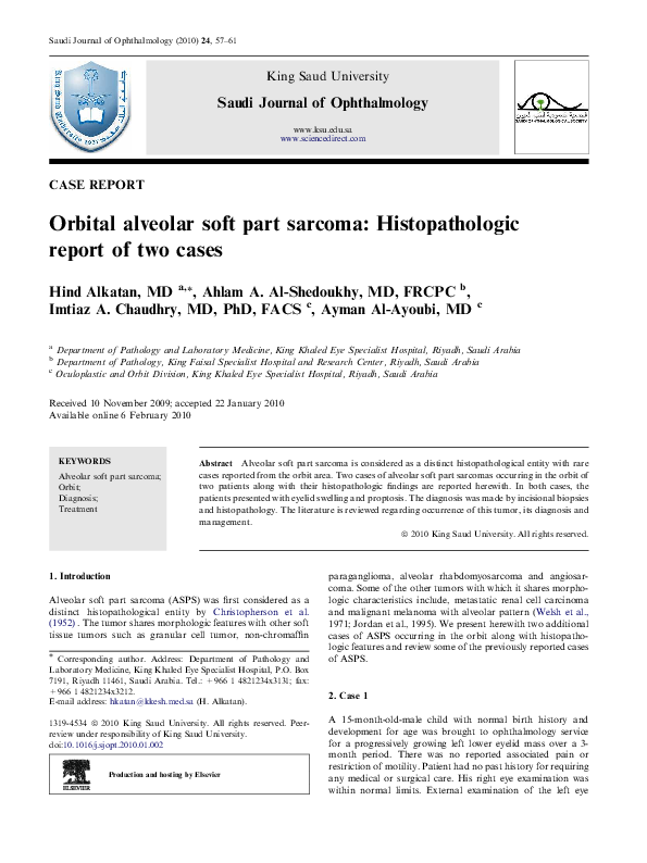 (PDF) Orbital alveolar soft part sarcoma: Histopathologic report of two ...