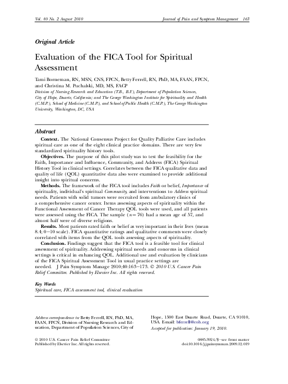 (PDF) Evaluation of the FICA Tool for Spiritual Assessment