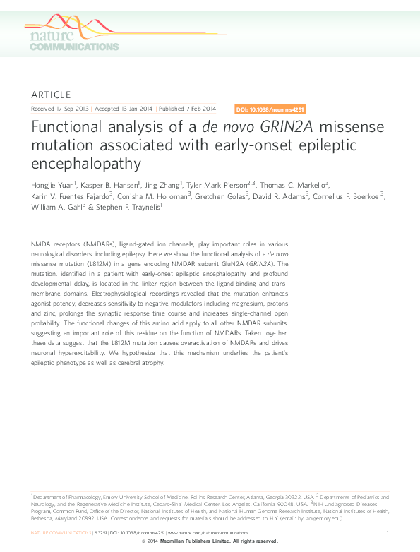 (PDF) Functional analysis of a de novo GRIN2A missense mutation associated with early-onset ...
