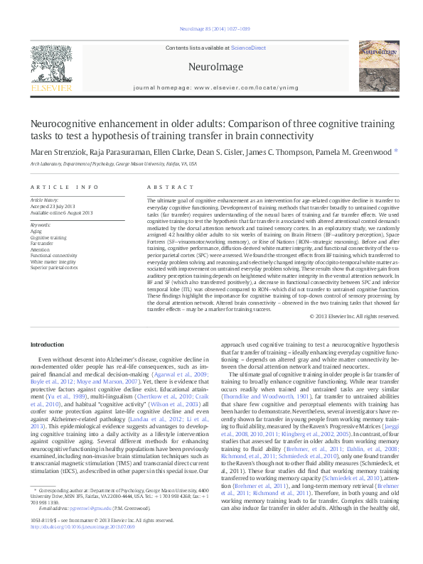 (PDF) Neurocognitive enhancement in older adults: Comparison of three cognitive training tasks ...
