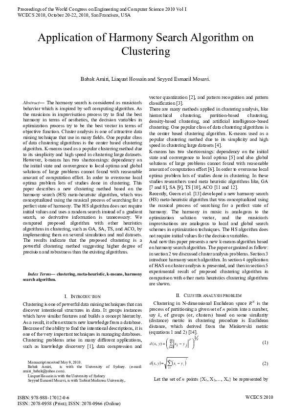 (PDF) Application of Harmony Search Algorithm on Clustering