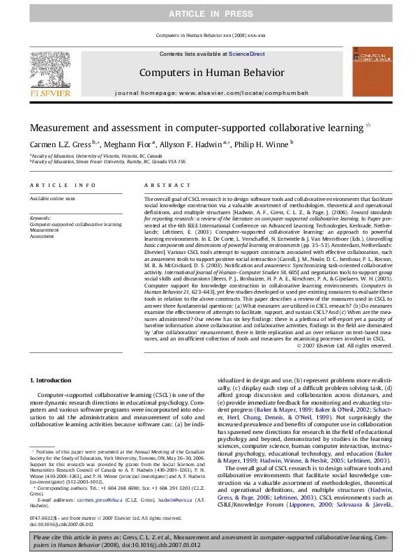 (PDF) Measurement and assessment in computer-supported collaborative learning