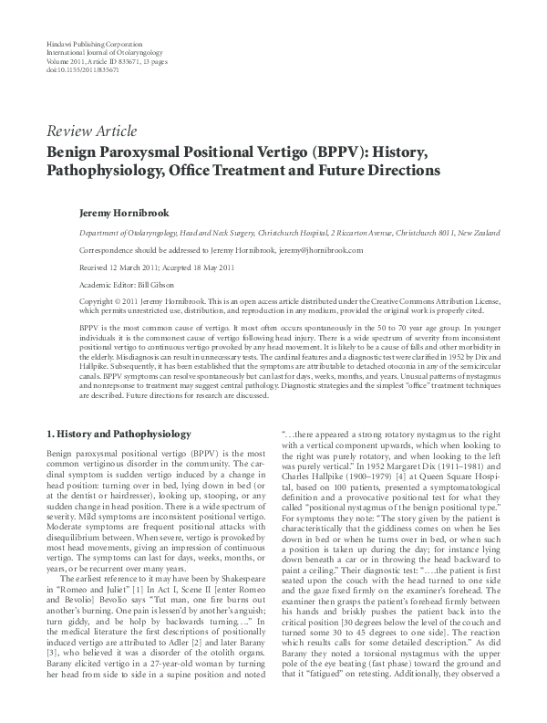 (PDF) Benign Paroxysmal Positional Vertigo (BPPV): History ...
