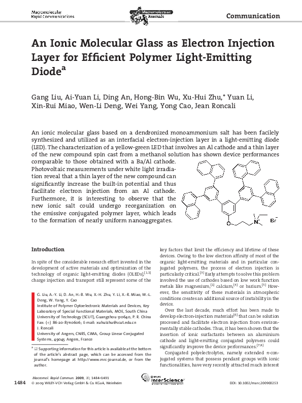 (PDF) An Ionic Molecular Glass as Electron Injection Layer for ...