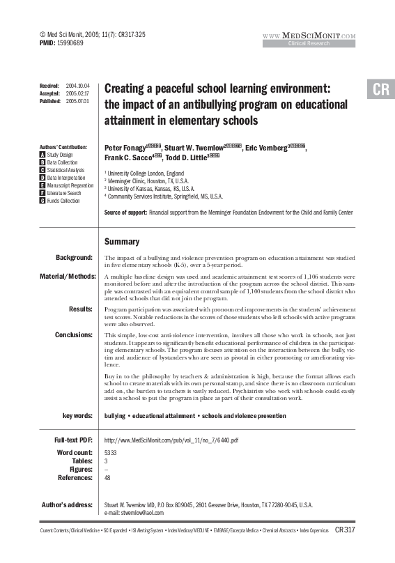 (PDF) Creating a Peaceful School Learning Environment: The Impact of a ...
