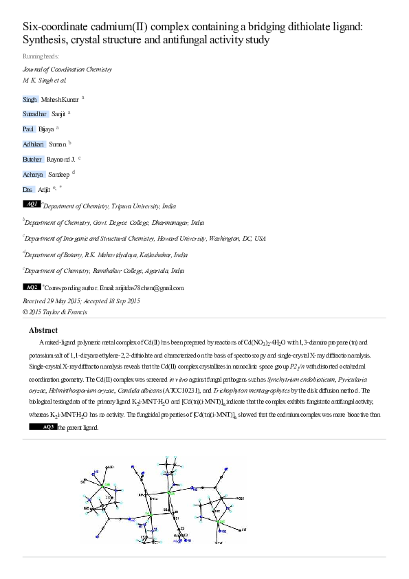 Pdf Six Coordinate Cadmium Ii Complex Containing A Bridging Dithiolate Ligand Synthesis