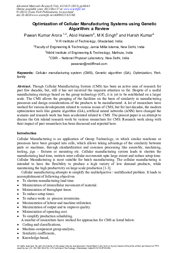 Pdf Optimization Of Cellular Manufacturing Systems Using Genetic Algorithm A Review