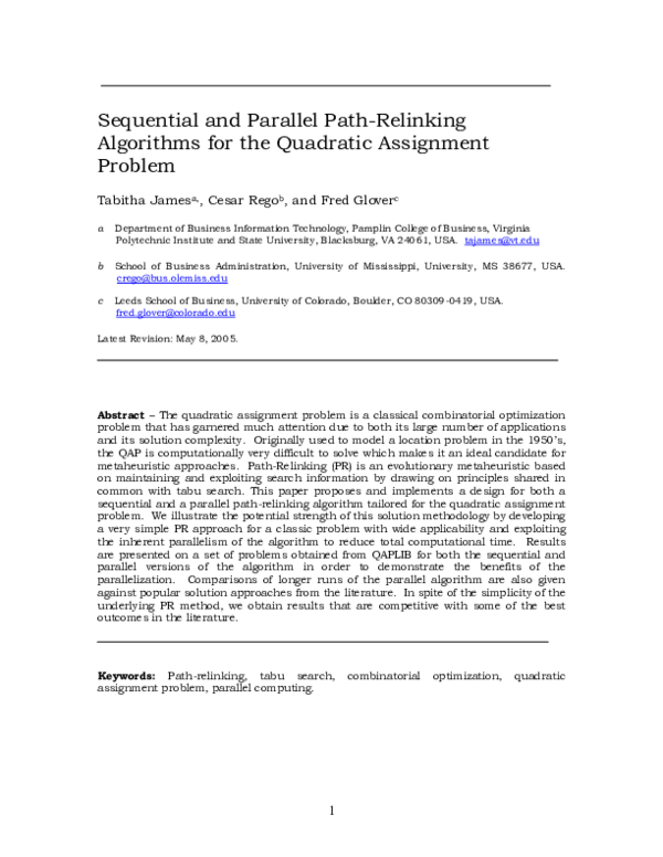 (PDF) Sequential and Parallel Path-Relinking Algorithms for the Quadratic Assignment Problem ...