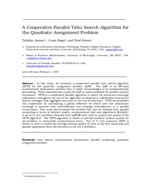 Pdf Cooperative Parallel Tabu Search For Qap