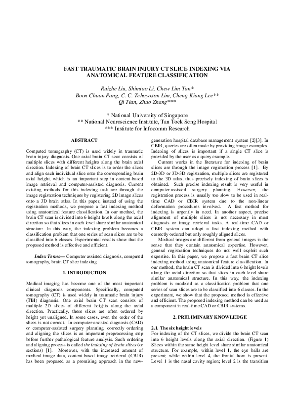 (PDF) Fast traumatic brain injury CT slice indexing via anatomical feature classification | C C ...