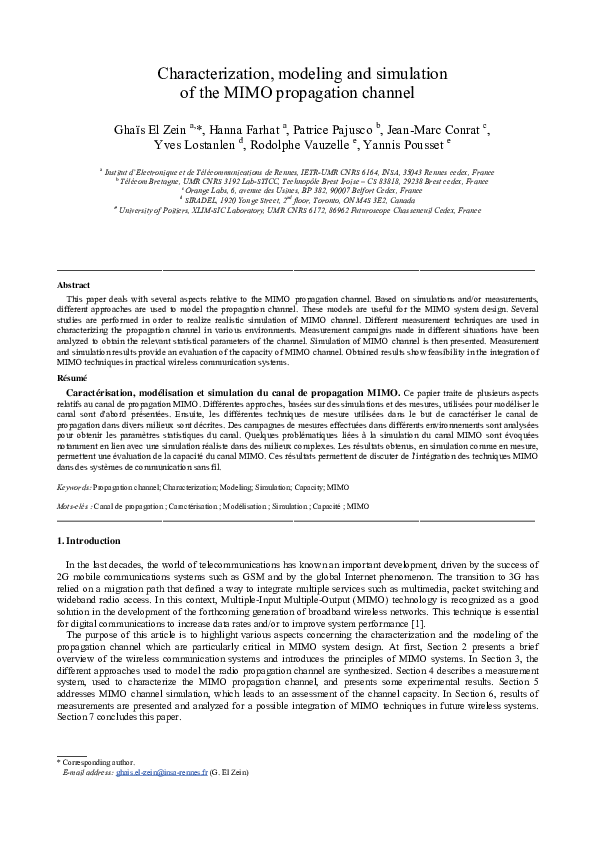 (PDF) Characterization, modeling and simulation of the MIMO propagation channel