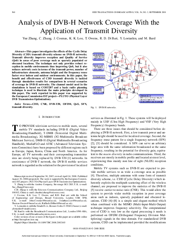 Pdf Analysis Of Dvb H Network Coverage With The Application Of Transmit Diversity
