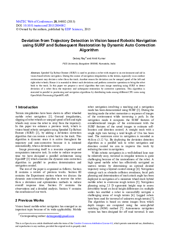 (PDF) Deviation from Trajectory Detection in Vision based Robotic Navigation using SURF and ...