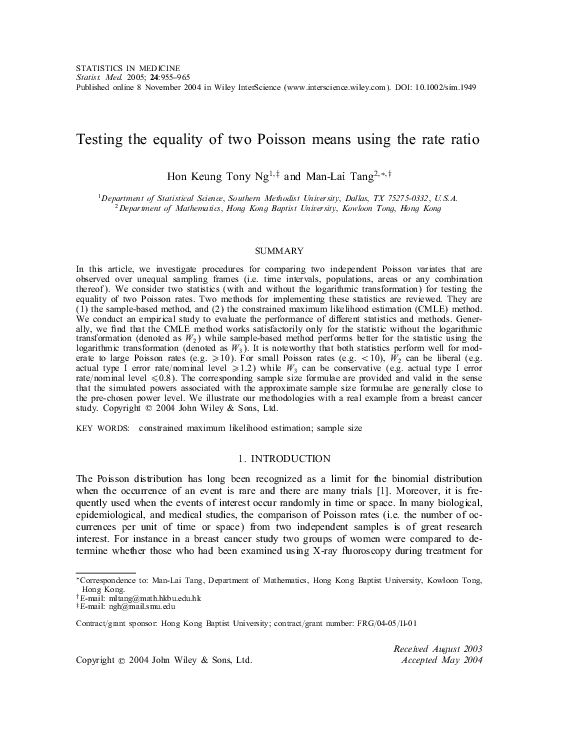 (PDF) Testing the equality of two Poisson means using the rate ratio