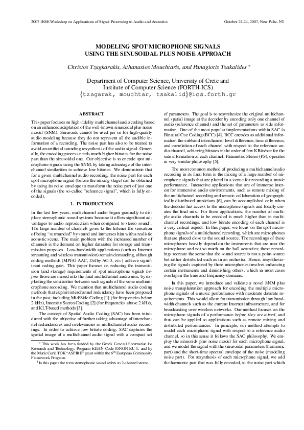(PDF) Modeling Spot Microphone Signals using the Sinusoidal Plus Noise Approach