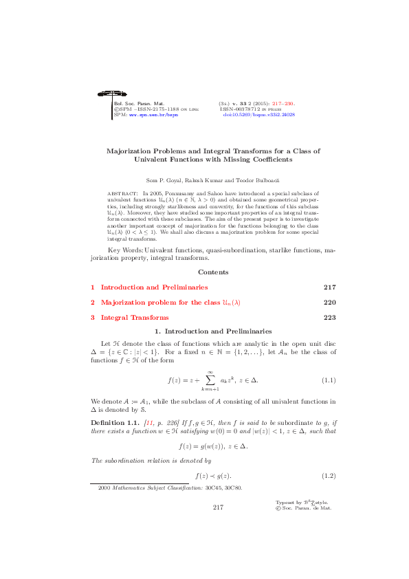 Pdf Majorization Problems And Integral Transforms For A Class Of Univalent Functions With
