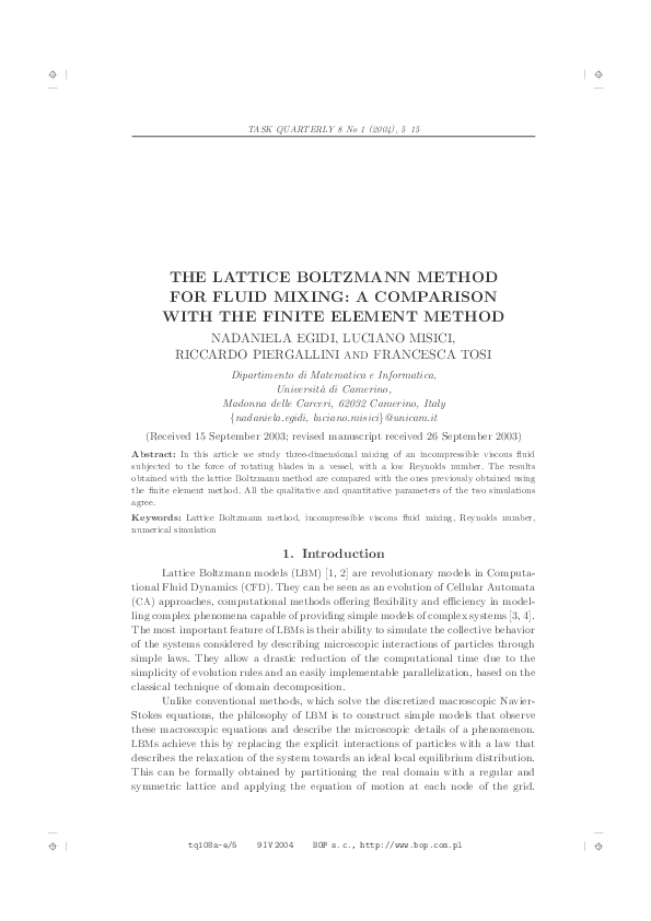 (PDF) THE LATTICE BOLTZMANN METHOD FOR FLUID MIXING: A COMPARISON WITH THE FINITE ELEMENT METHOD