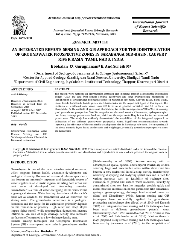 Pdf An Integrated Remote Sensing And Gis Approach For The Identification Of Groundwater