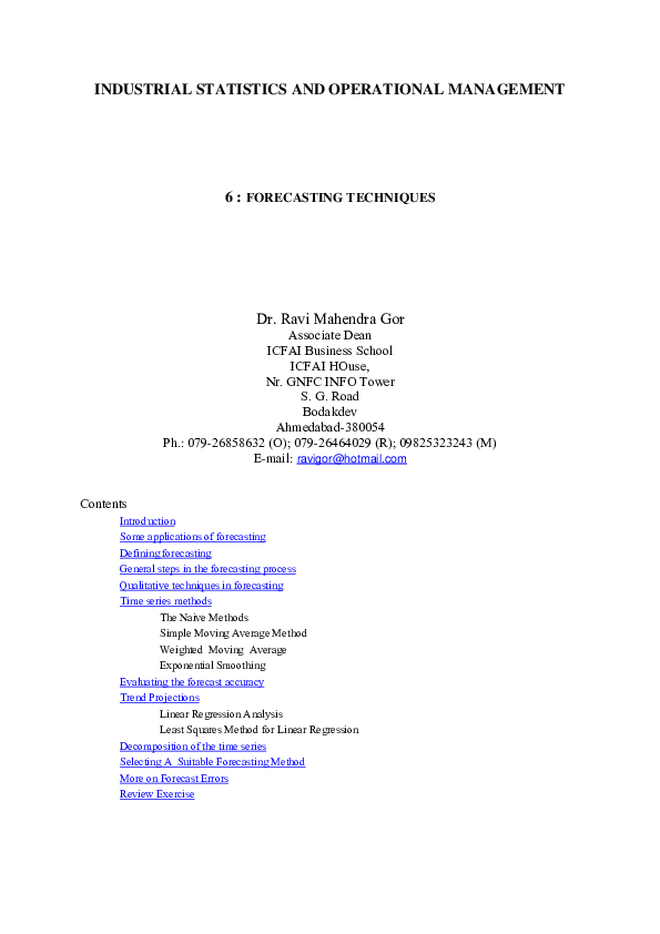 Pdf Chapter 6 Forecasting Techniques Formatted
